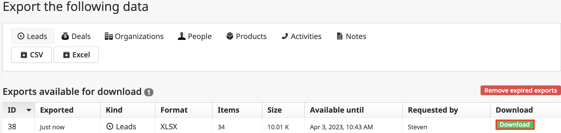 Exporting data from Pipedrive - Knowledge Base | Pipedrive